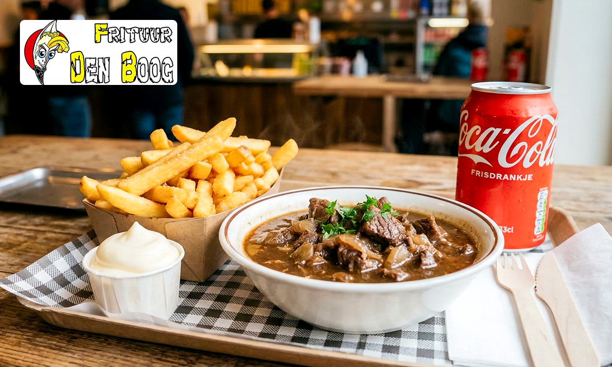 Frituur Den Boog, Friet + saus + frisdrank + snack(s), burger, goulash ...