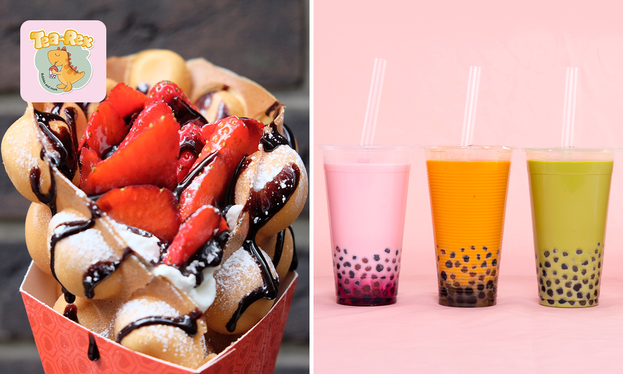 Tea-Rex, Bubble waffle met slagroom + fruit bubble tea bij Tea-Rex ...